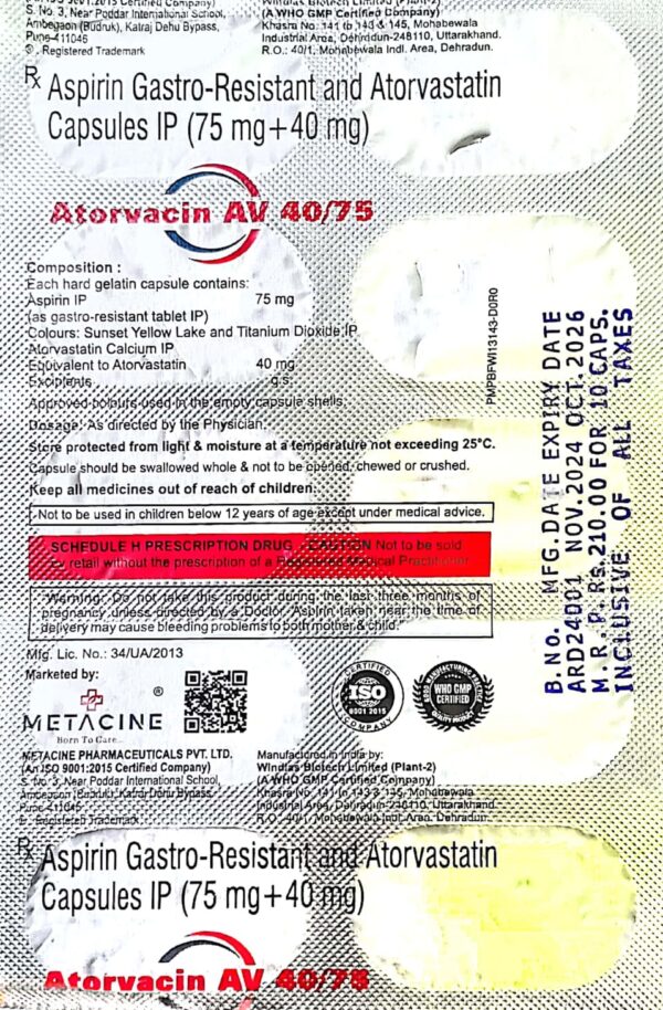 ATORVACIN AV 40/75 CAPSULES (ATORVASTATIN 40MG+ASPIRIN 75MG) - SavingRx